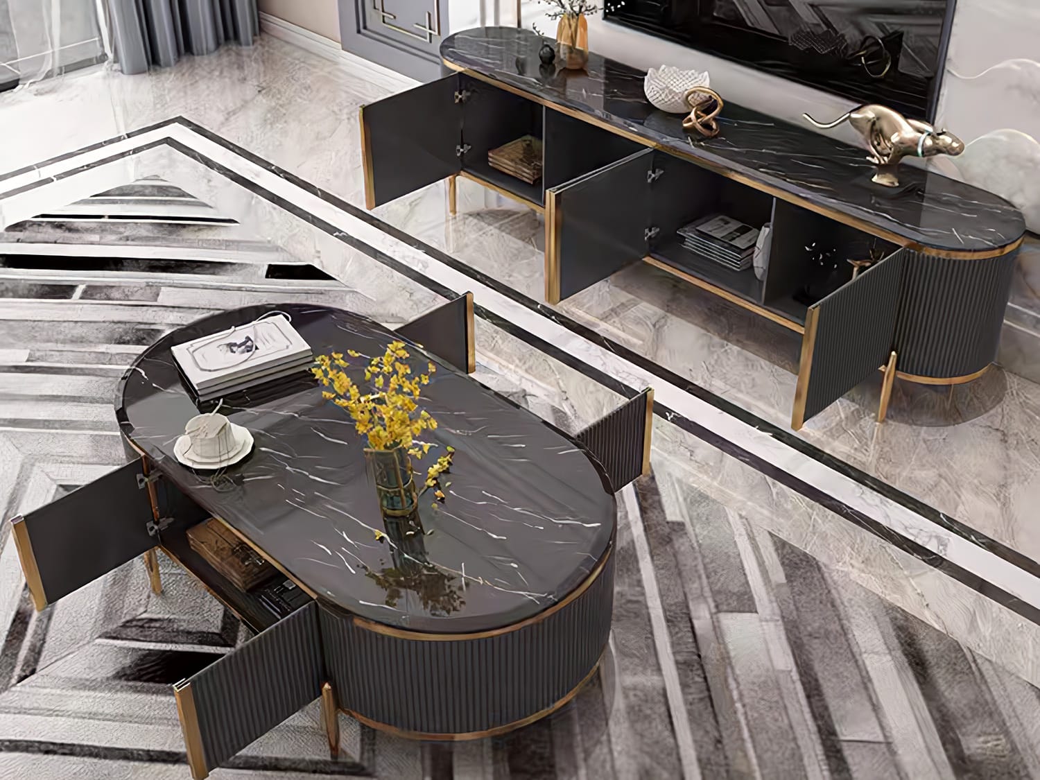 March Marble/Marble Sintered Stone TV unit with Storage-Black/Green ...