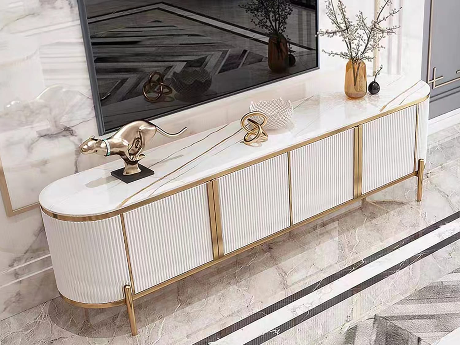 March Marble/Marble Sintered Stone TV unit with Storage-Black/Green ...