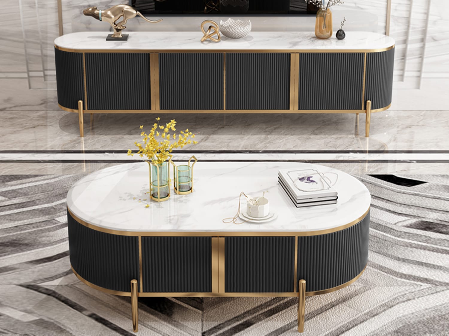 March Marble/Marble Sintered Stone TV unit with Storage-Black/Green ...