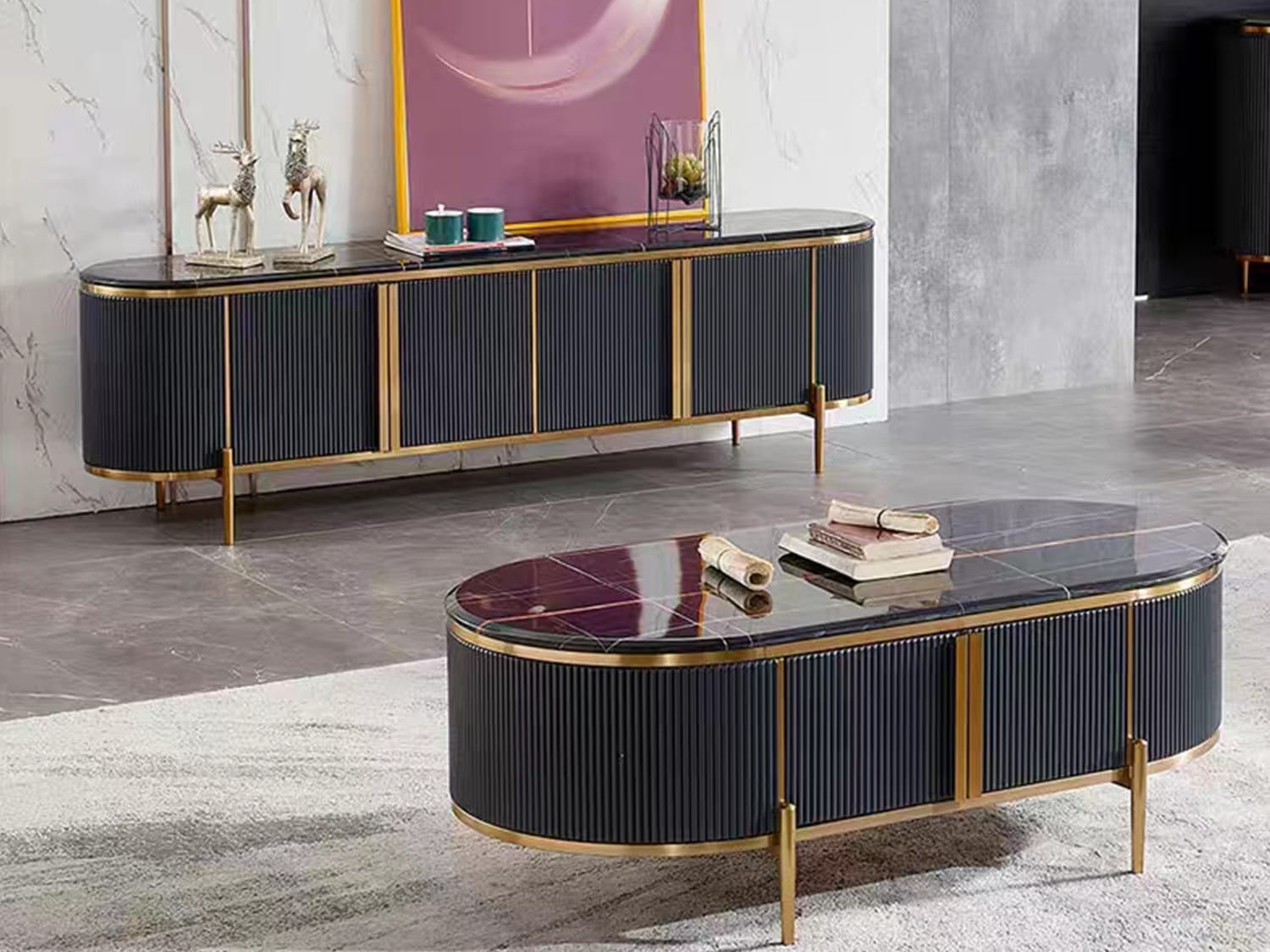 March Marble/Marble Sintered Stone TV unit with Storage-Black/Green ...