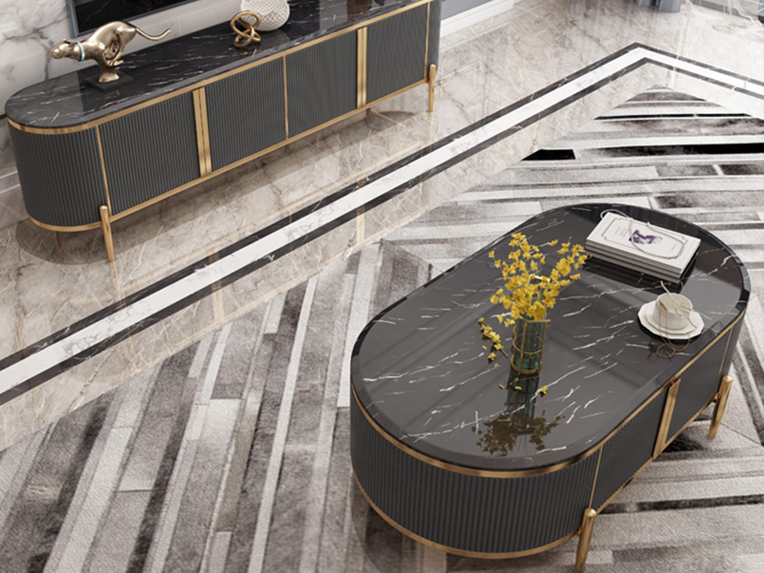 March Marble/Marble Sintered Stone TV unit with Storage-Black/Green ...