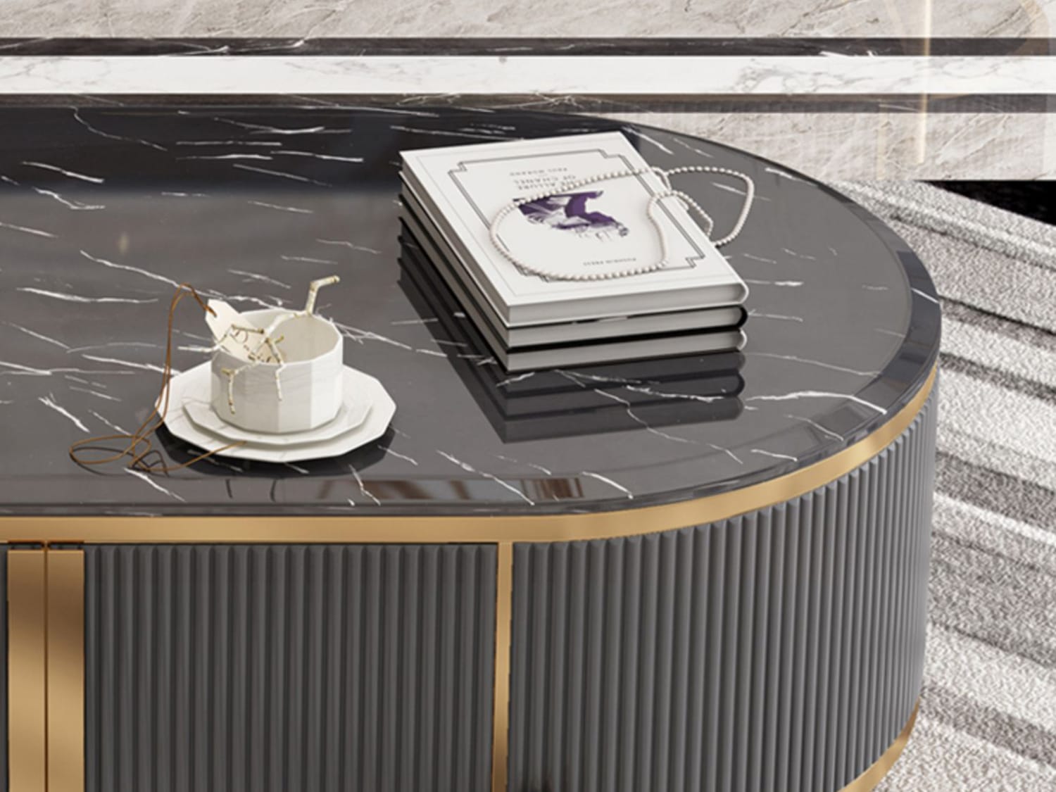 March Marble/Marble Sintered Stone TV unit with Storage-Black/Green ...