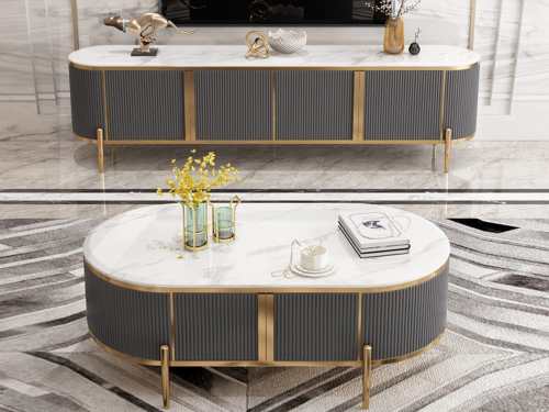 March Marble/Marble Sintered Stone TV unit with Storage-Black/Green ...