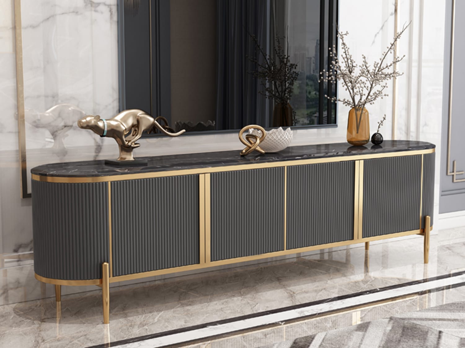 March Marble/Marble Sintered Stone TV unit with Storage-Black/Green ...