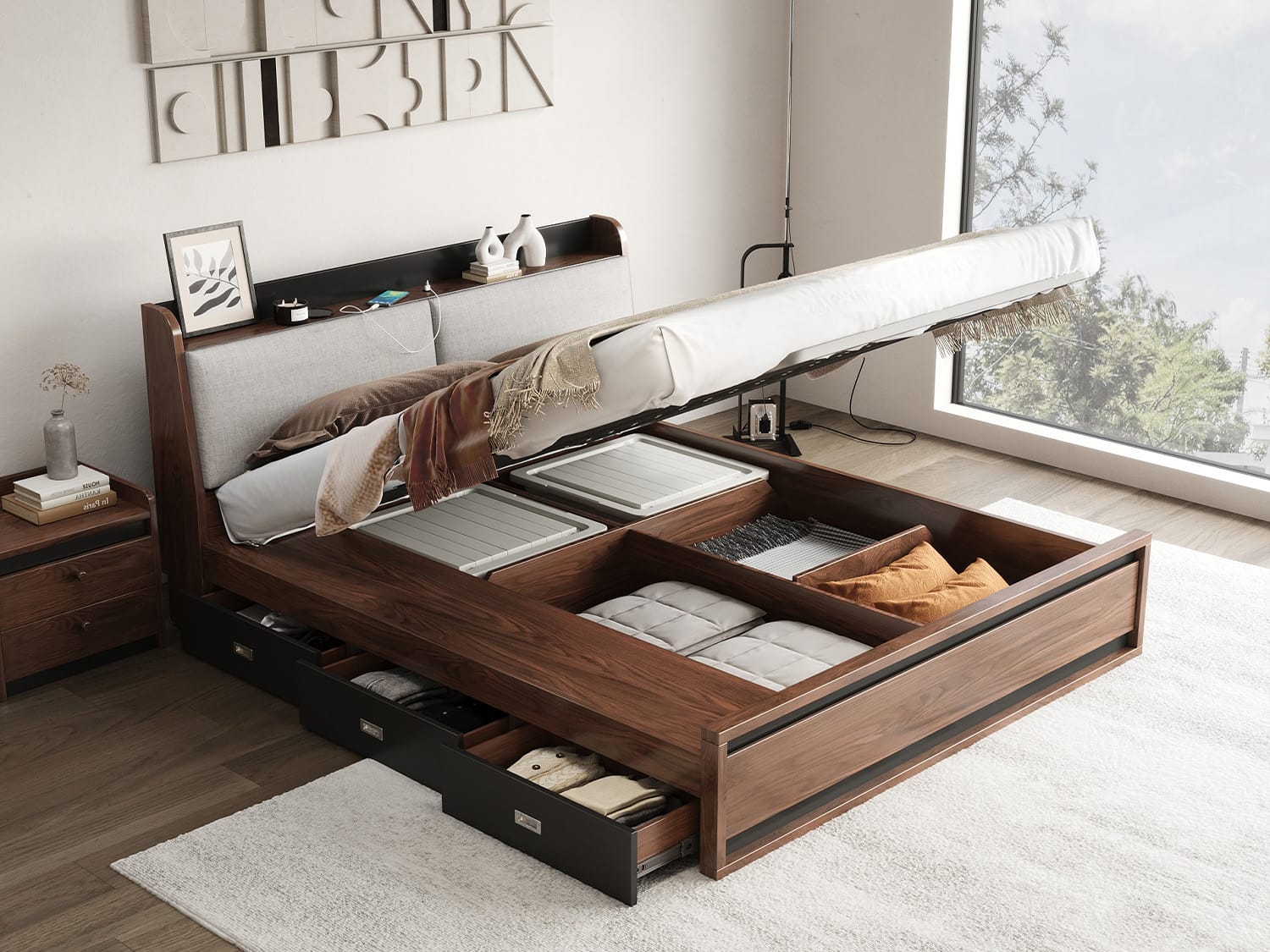 Janice Wooden Multi Functional Gas Lift Bed With Storage-Double/Queen ...