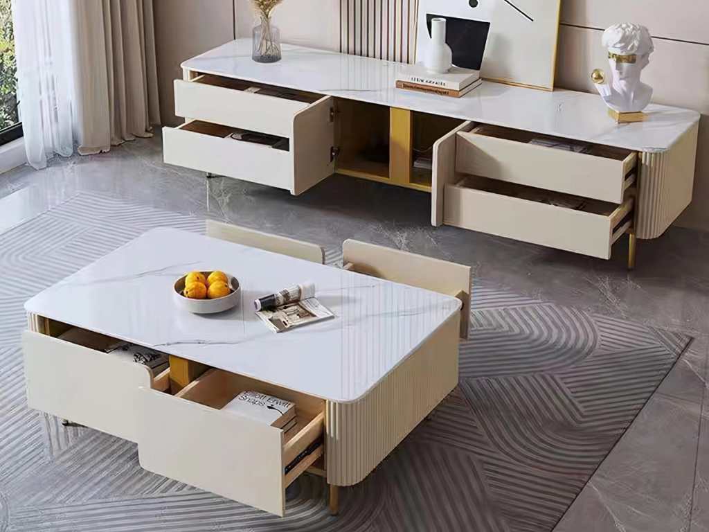 Reneay TV unit Sintered stone topper with Staniless steel legs and ...