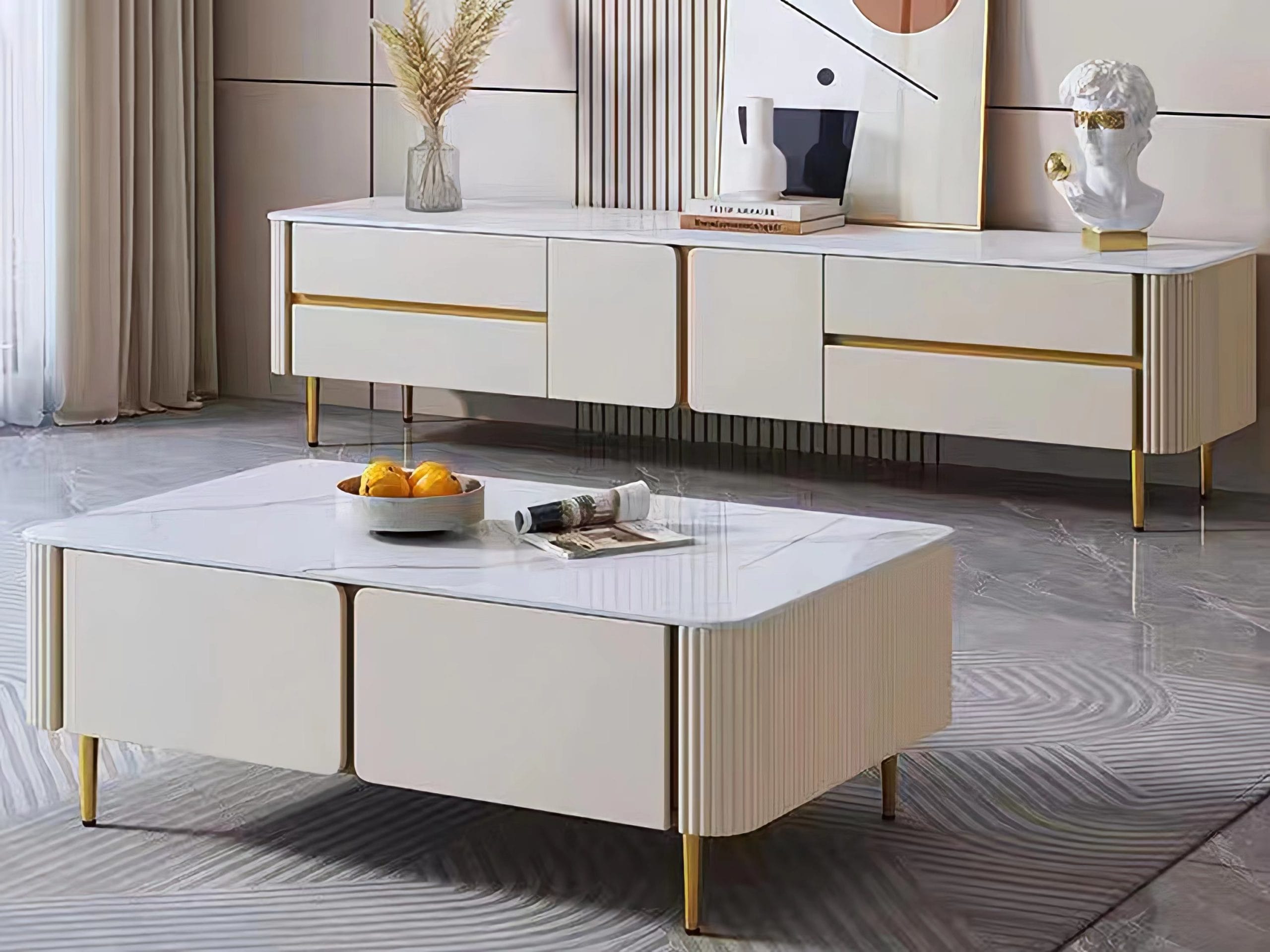 Reneay TV unit Sintered stone topper with Stainless steel legs and ...