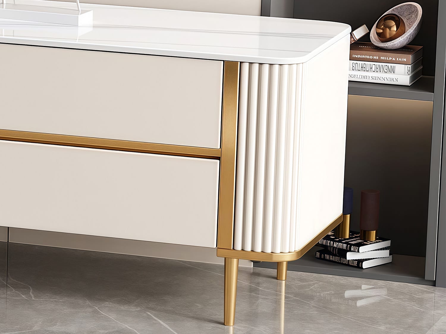 Reneay TV unit Sintered stone topper with Stainless steel legs and ...