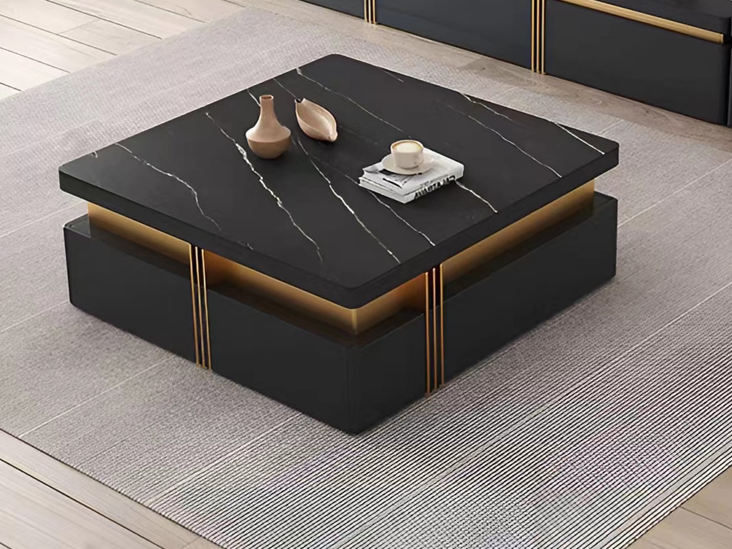 Swansea Square Marble Sintered Stone Coffee Table with Drawer in Black ...