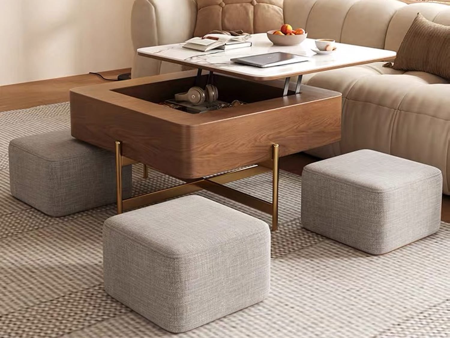 Bealiba Sintered stone Lift-Top Desktop Coffee Table-With ottomans ...