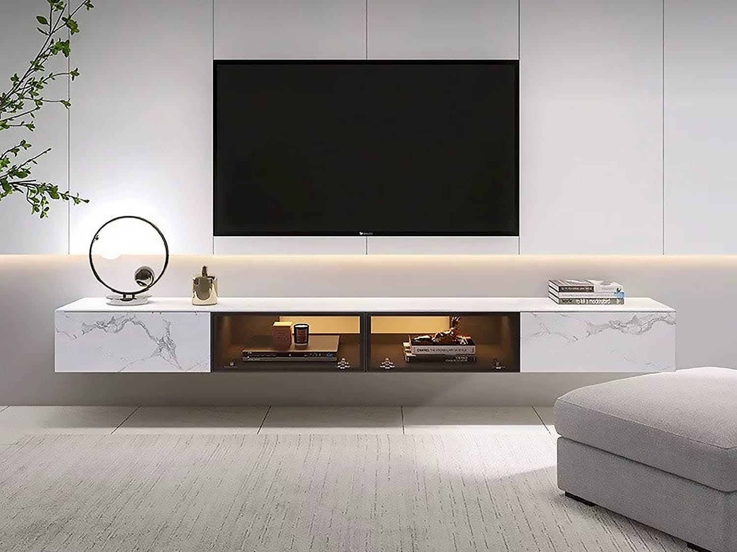 Dimas Modern Floating Sintered Stone Tv Unit-White/Black | Agape Furniture