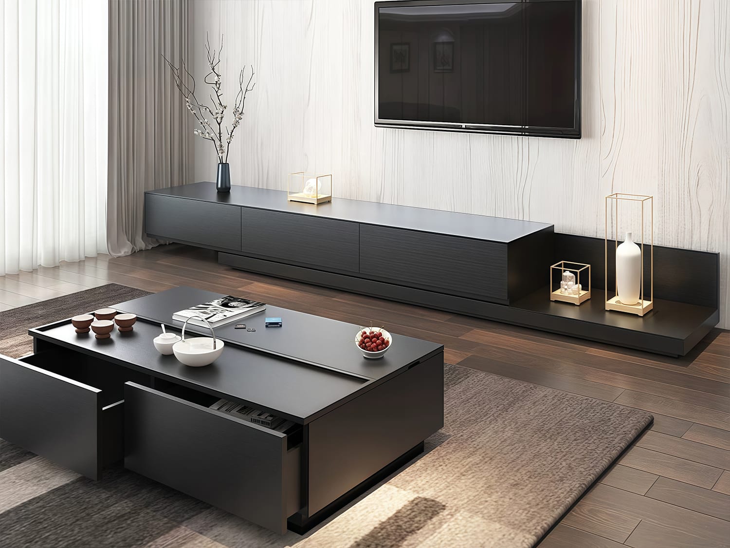 Ootha Minimalist Extendable TV Unit- Black & Walnut/Black/White ...