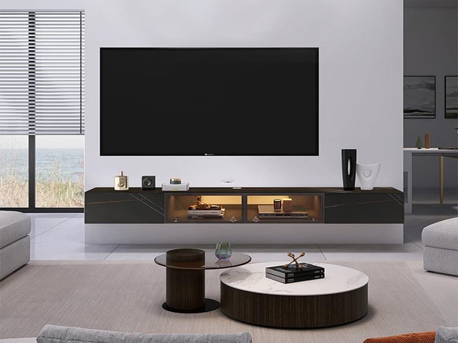 Dimas Modern Floating Sintered Stone Tv Unit-White/Black | Agape Furniture