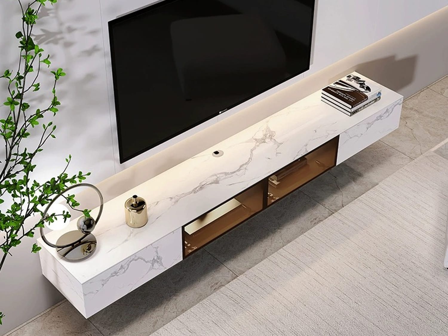 Dimas Modern Floating Sintered Stone Tv Unit-White/Black | Agape Furniture