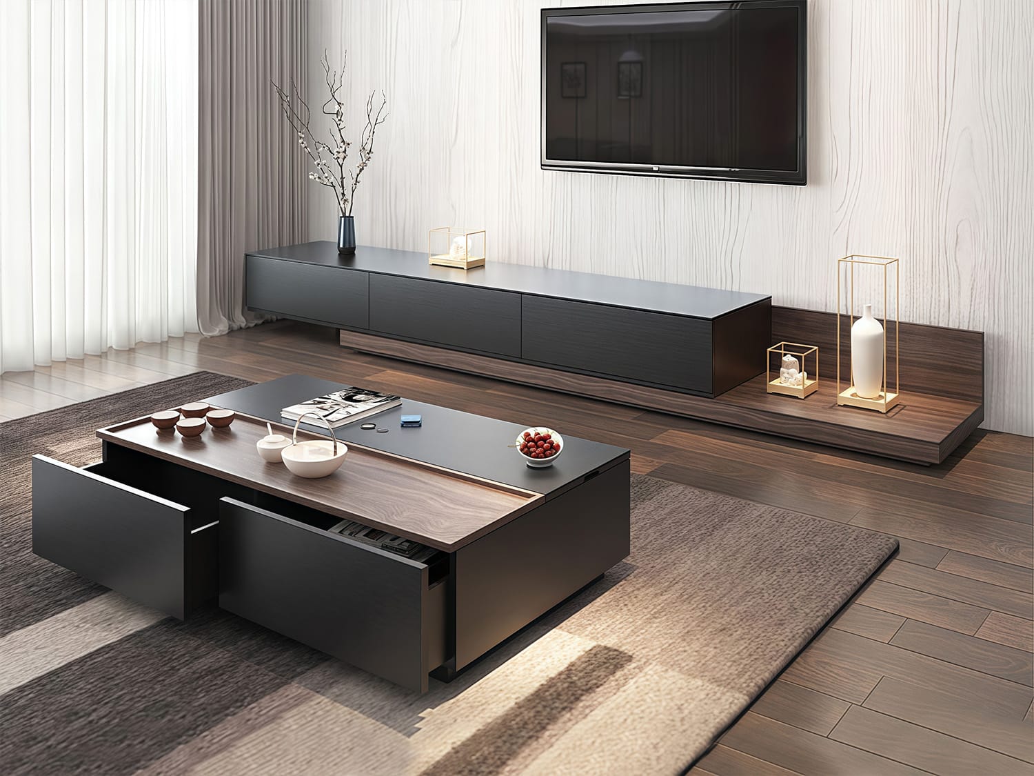 Ootha Minimalist Extendable TV Unit- Black & Walnut/Black/White ...