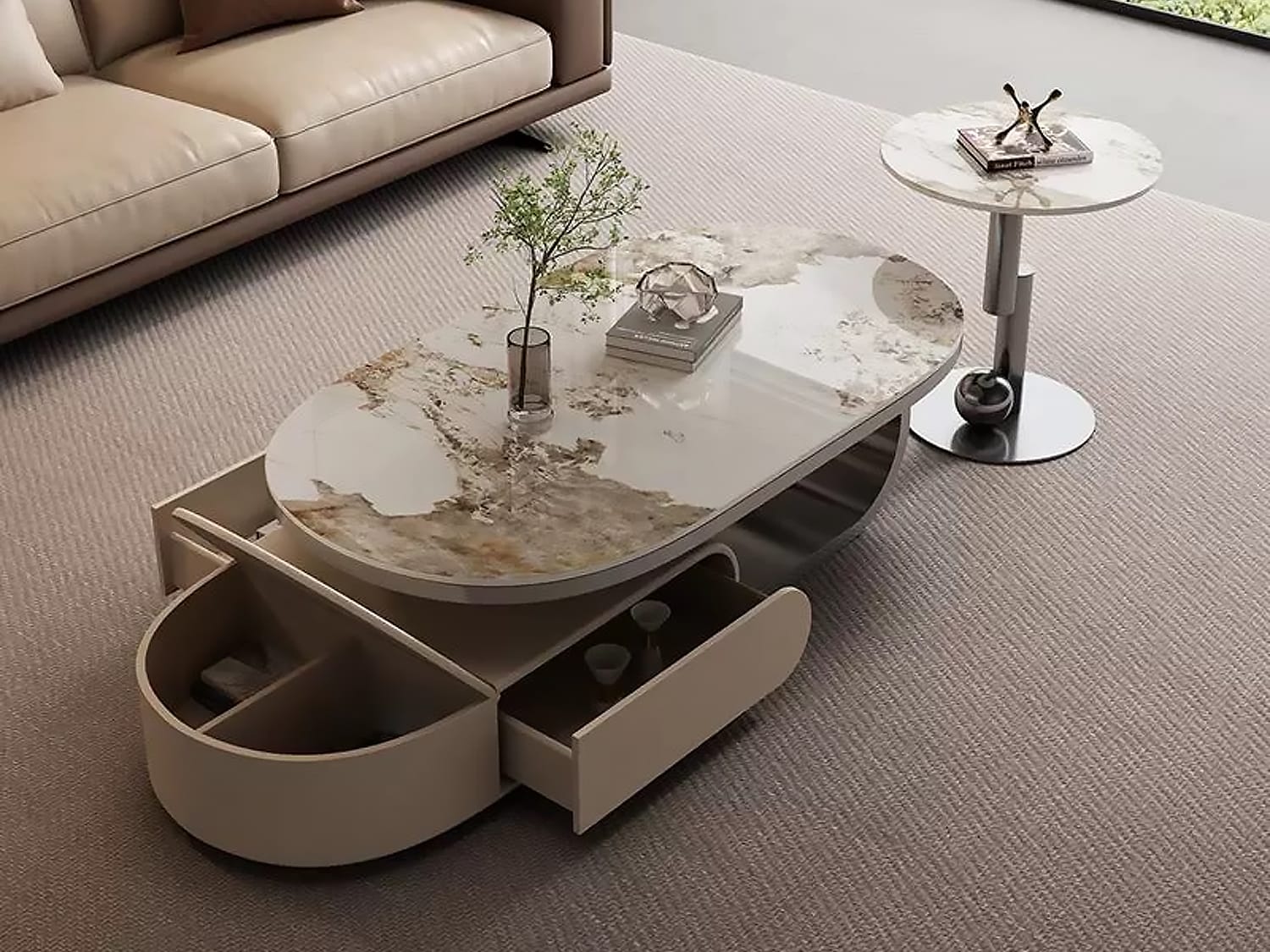 Tarana Marble Sintered Stone Storage Coffee Table/With Side Table ...