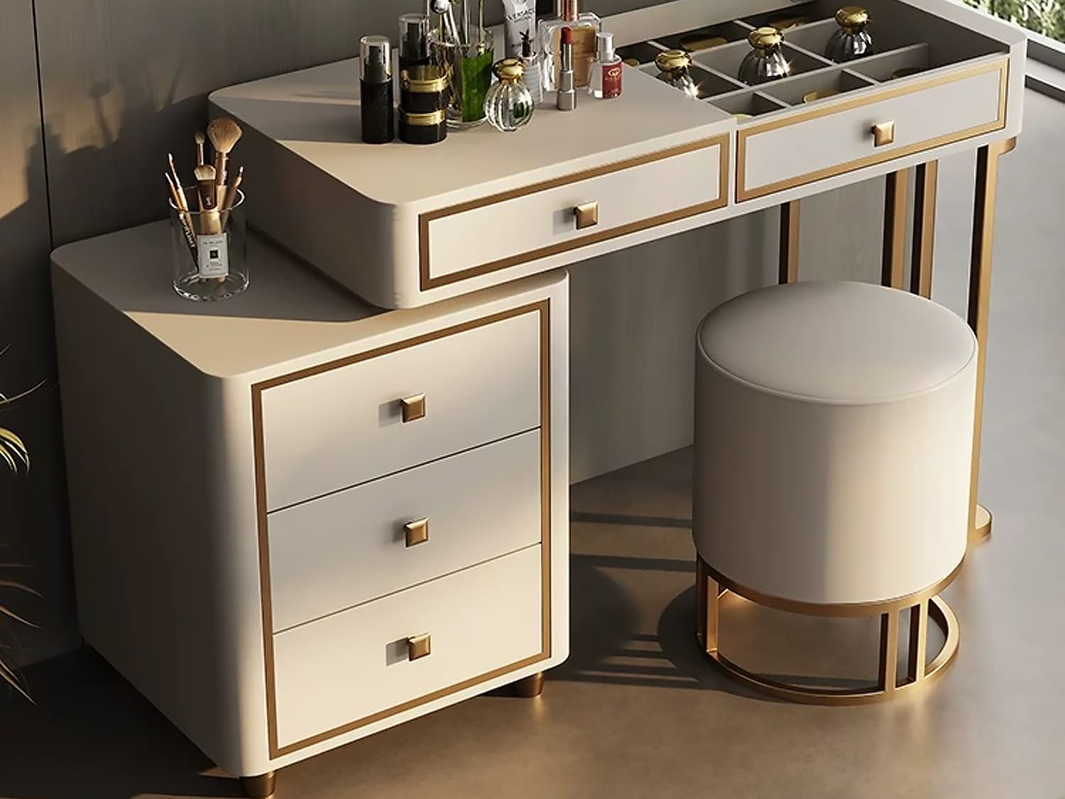 Mathis Extendable Dressing Table With Foldable mirror and Stools set ...