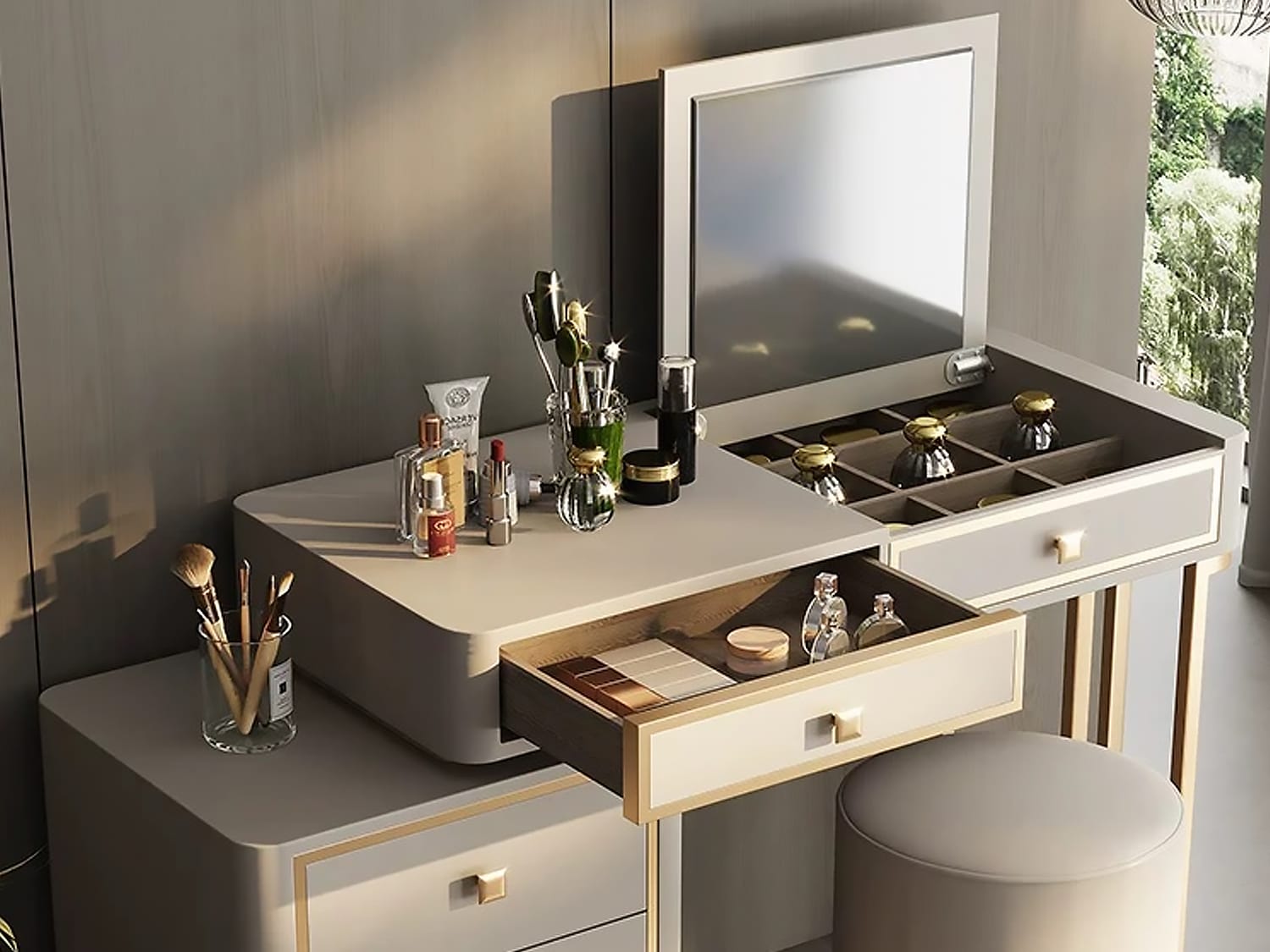 Mathis Extendable Dressing Table With Foldable mirror and Stools set ...