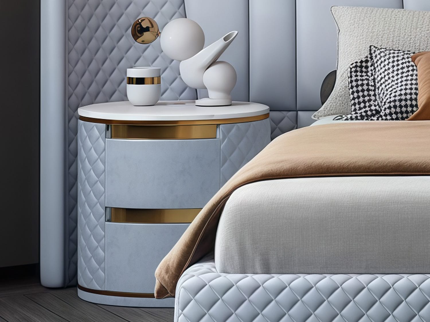 Burchard Marble Top Leather Round Bedside Table-Light Blue/Khaki ...