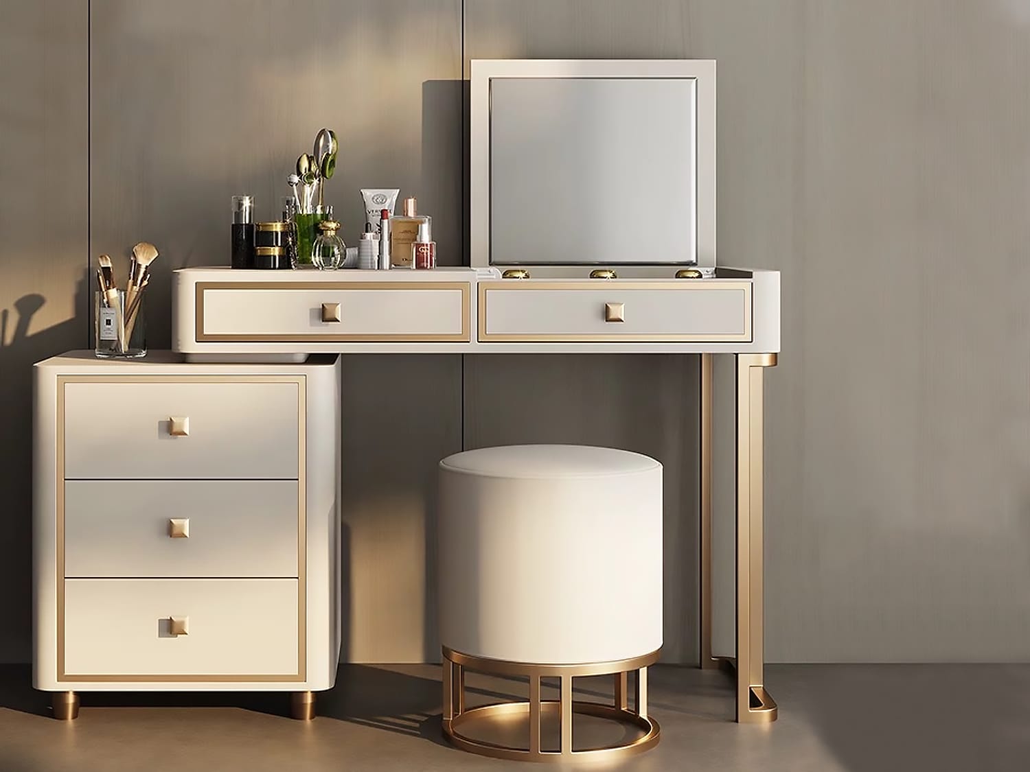 Mathis Extendable Dressing Table With Foldable mirror and Stools set ...