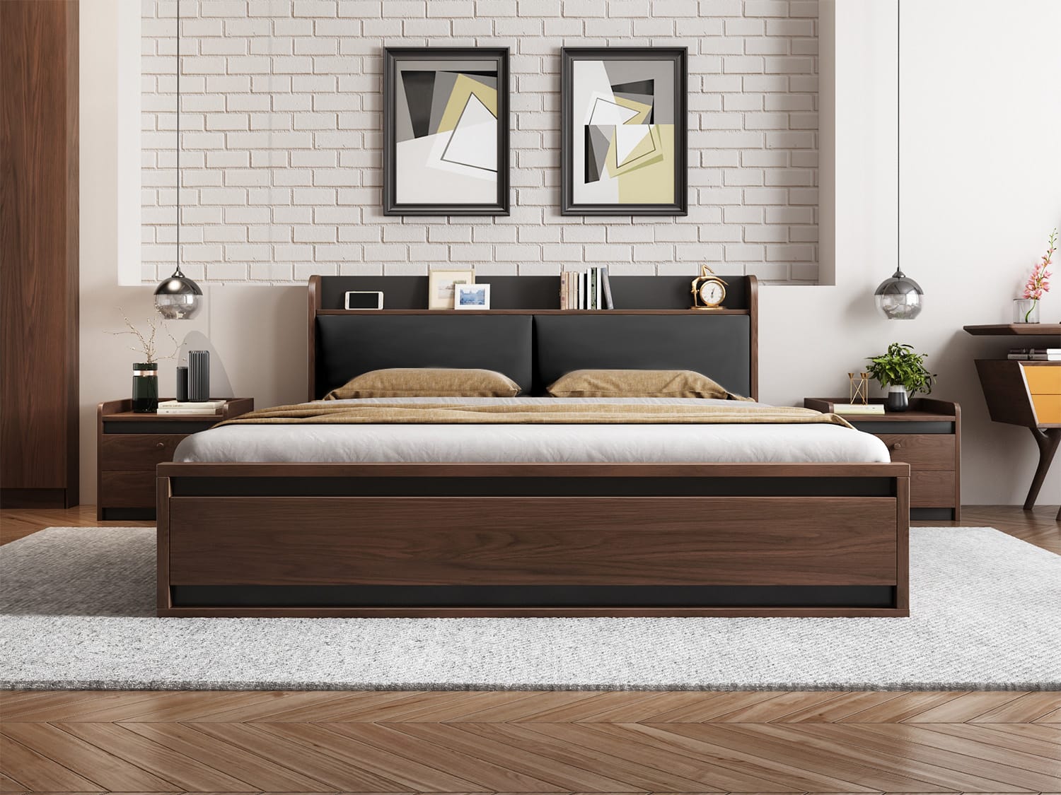 Janice Wooden Multi Functional Gas Lift Bed With Storage-Black Leather ...
