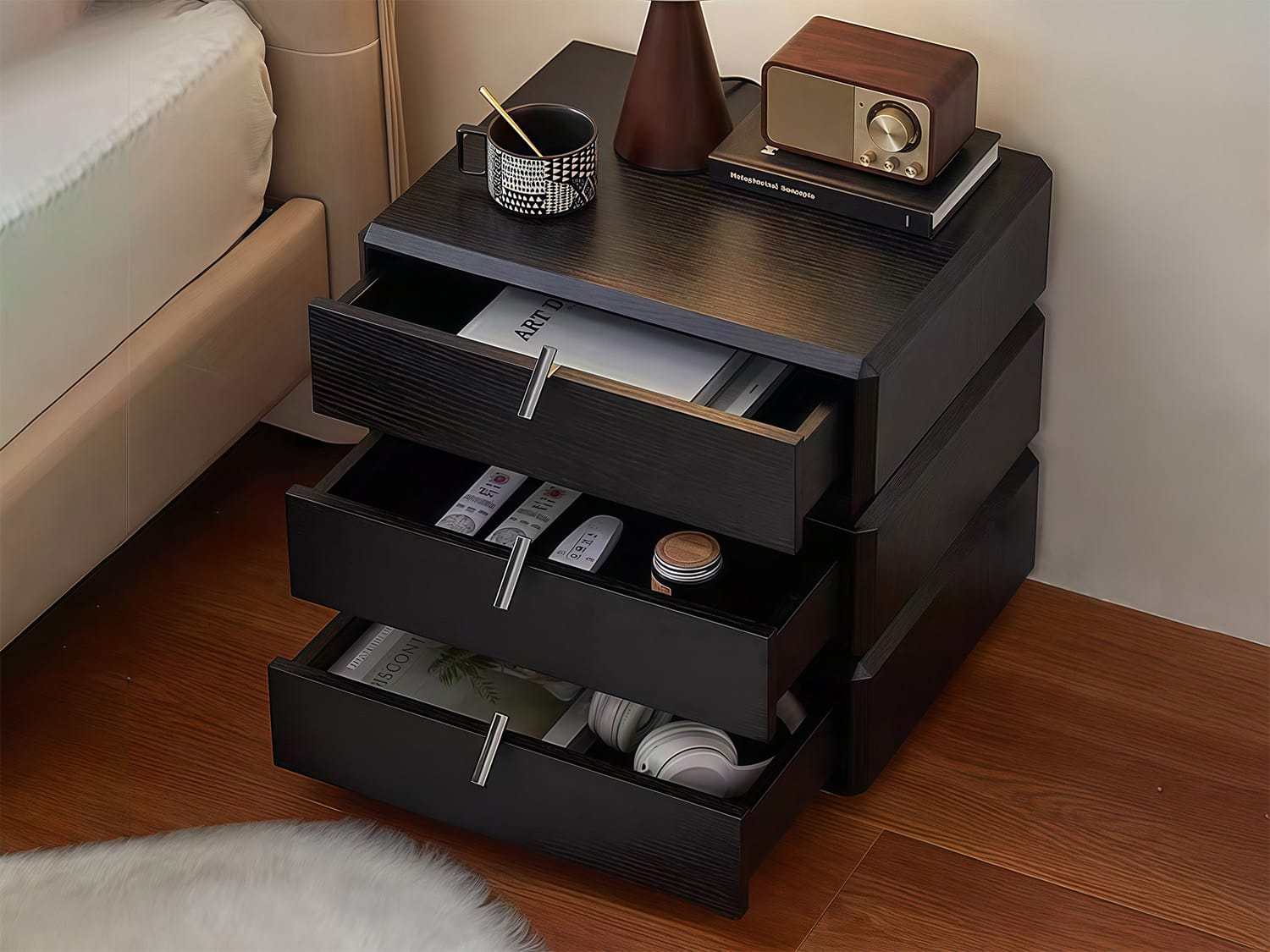 Elgin Modern Design Rotatable Bedside Table-Walnut/Black | Agape Furniture