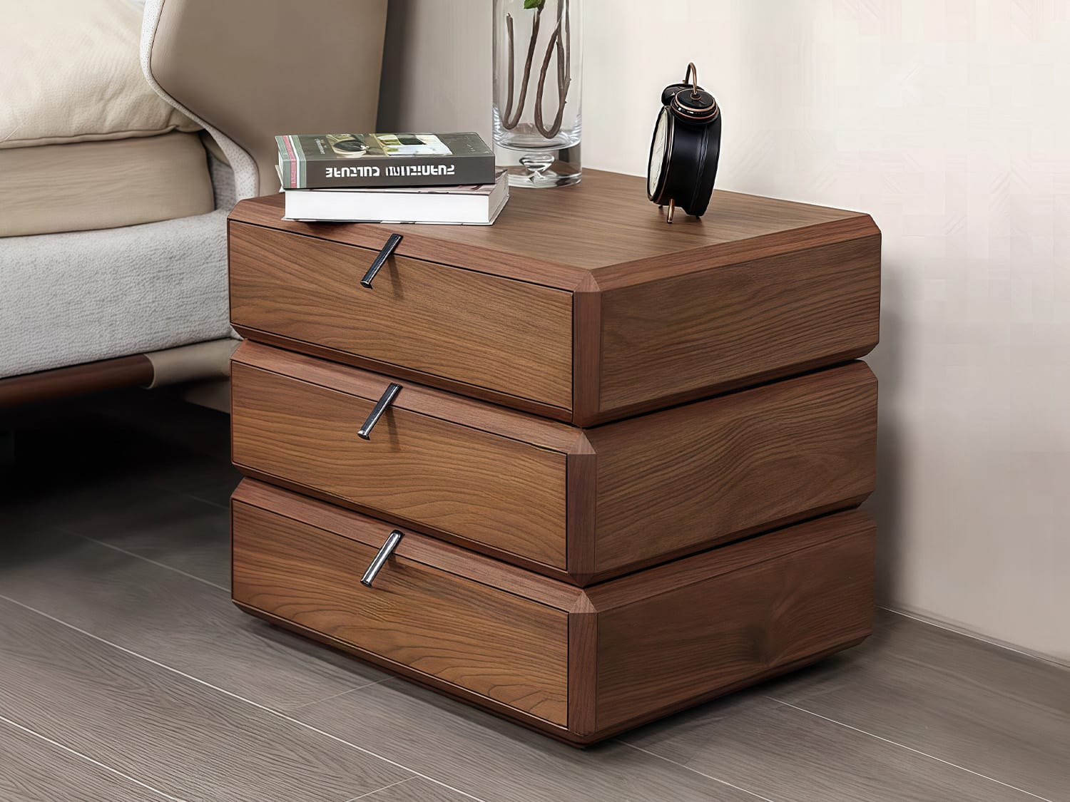 Elgin Modern Design Rotatable Bedside Table-Walnut/Black | Agape Furniture