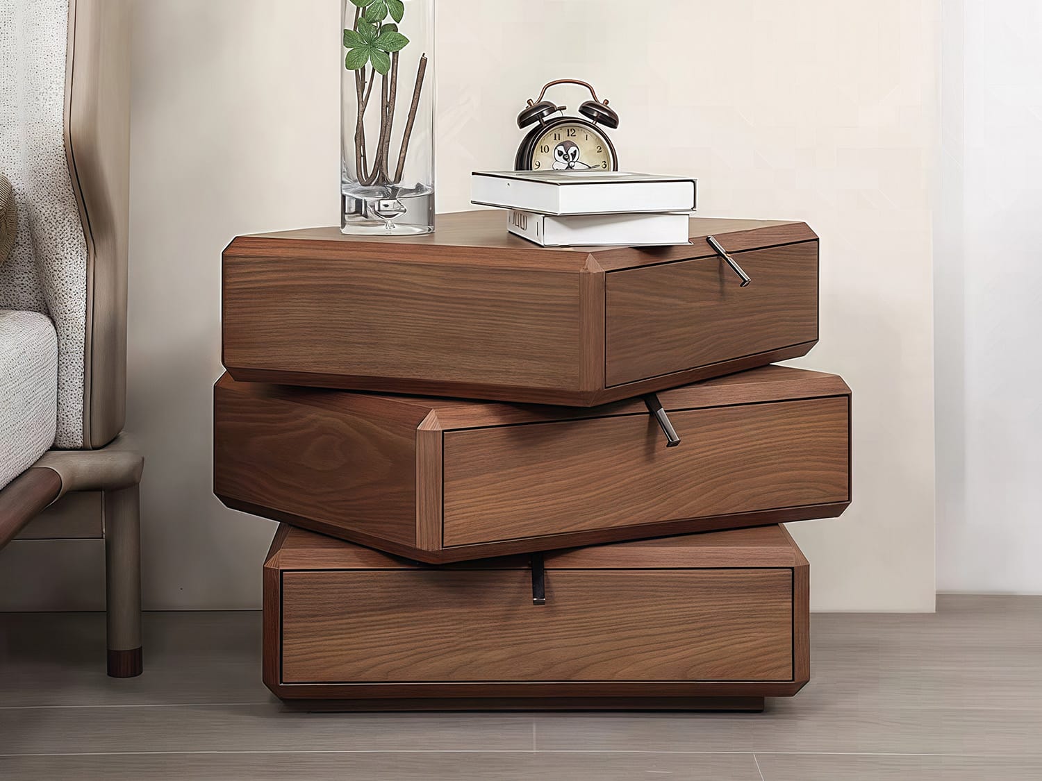 Elgin Modern Design Rotatable Bedside Table-Walnut/Black | Agape Furniture