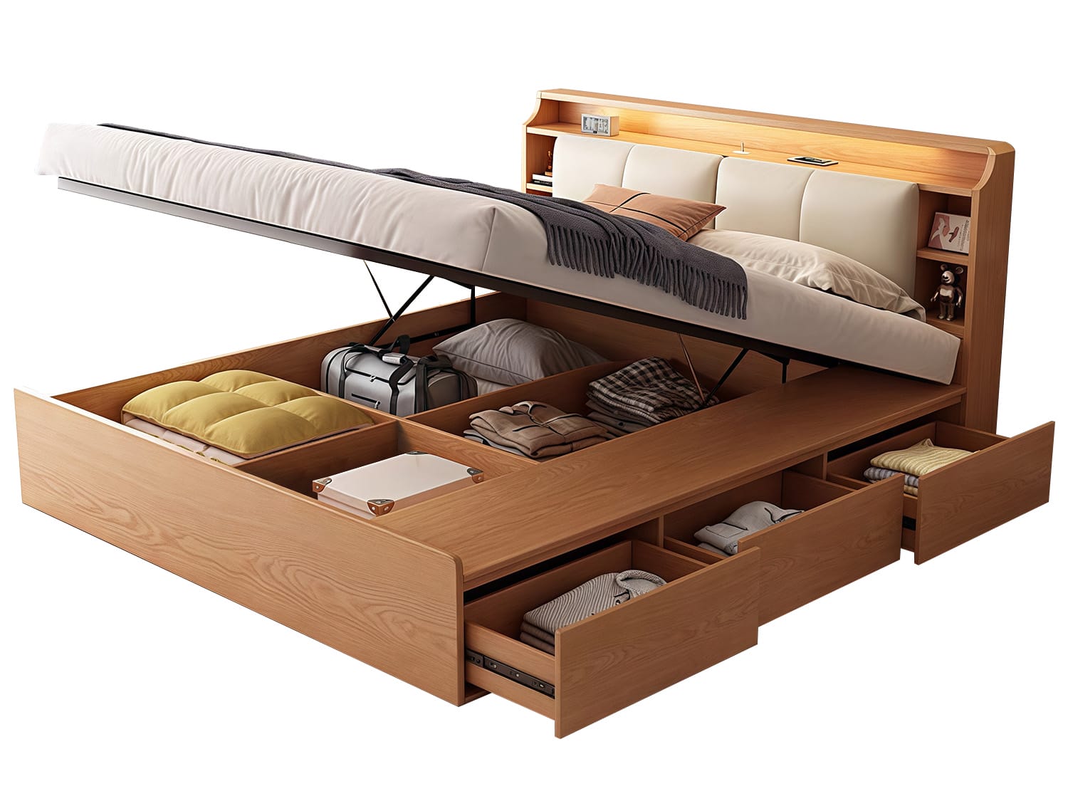 Crosby Wooden Multi Functional Gas Lift Bed With Storage and LED-Queen ...