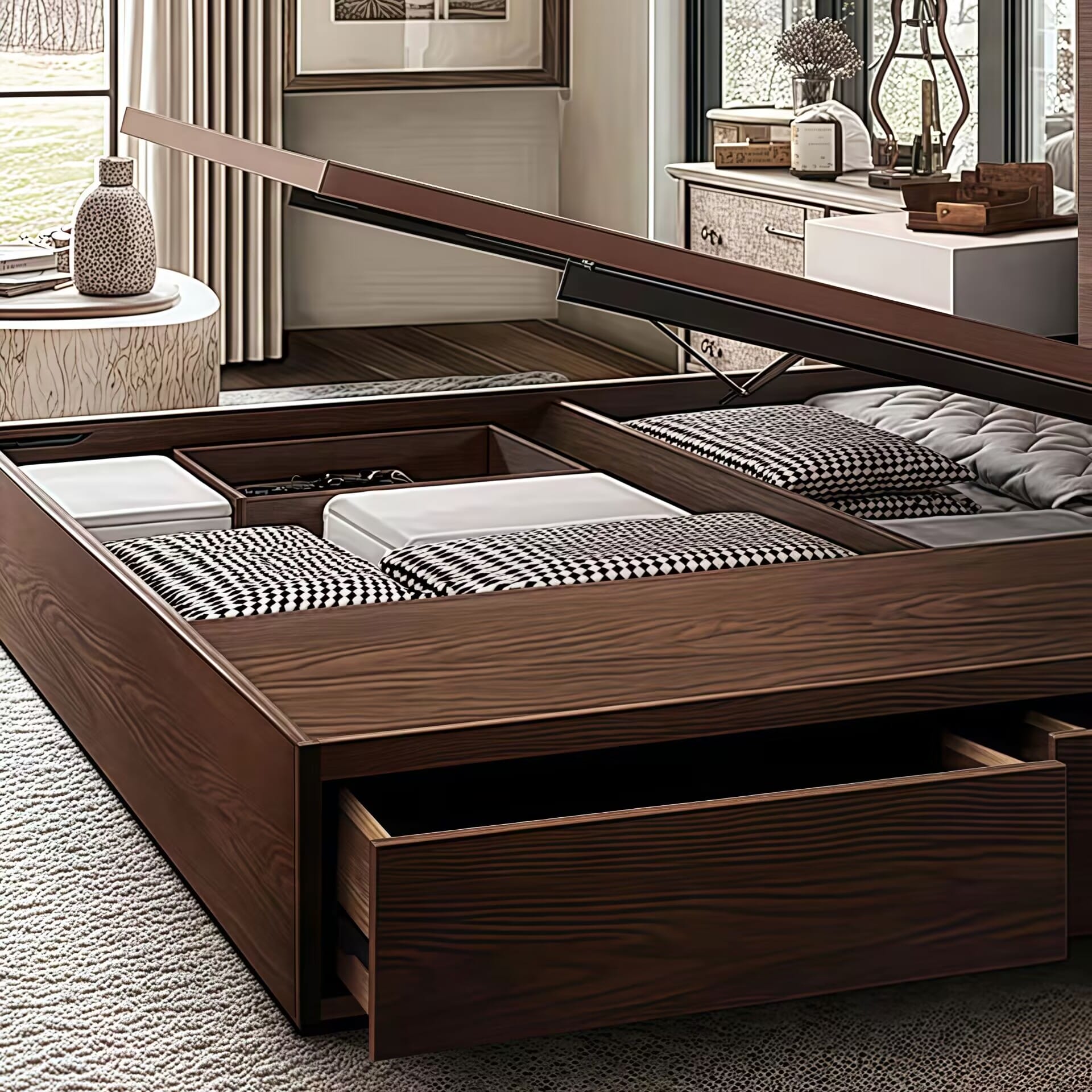 Brawley Wooden Multi Functional Gas Lift Bed With Storage-Walnut-Queen ...