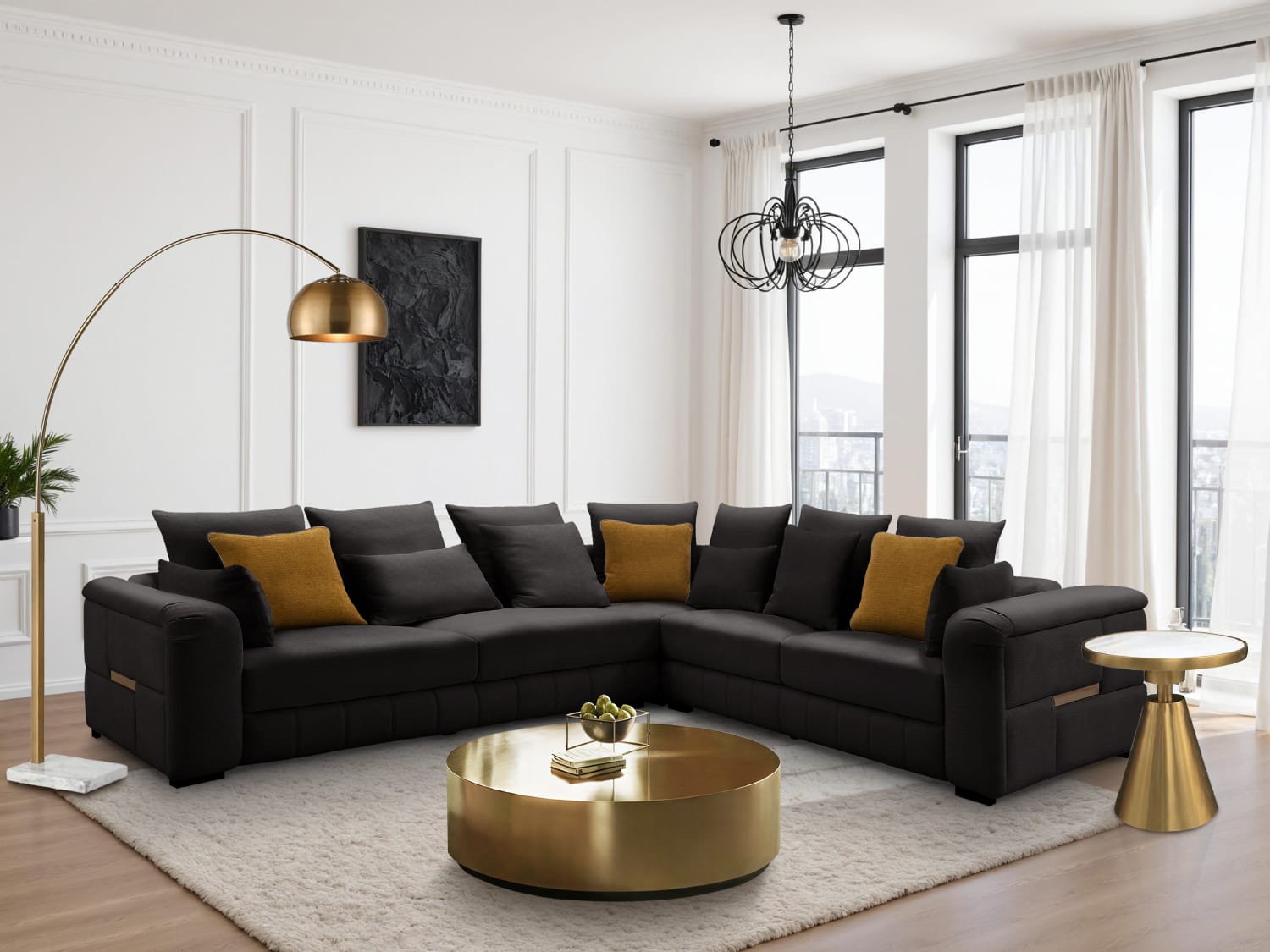 Kearny Modern Corner Wedge Modular Sofa-Off White/Black | Agape Furniture