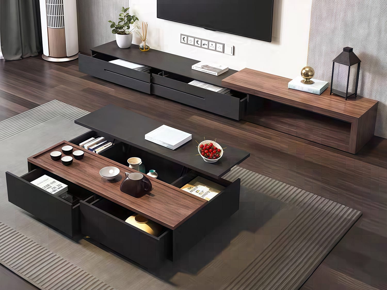 Rosario Modern Extendable TV Unit With Drawer-Black&Walnut/Black ...