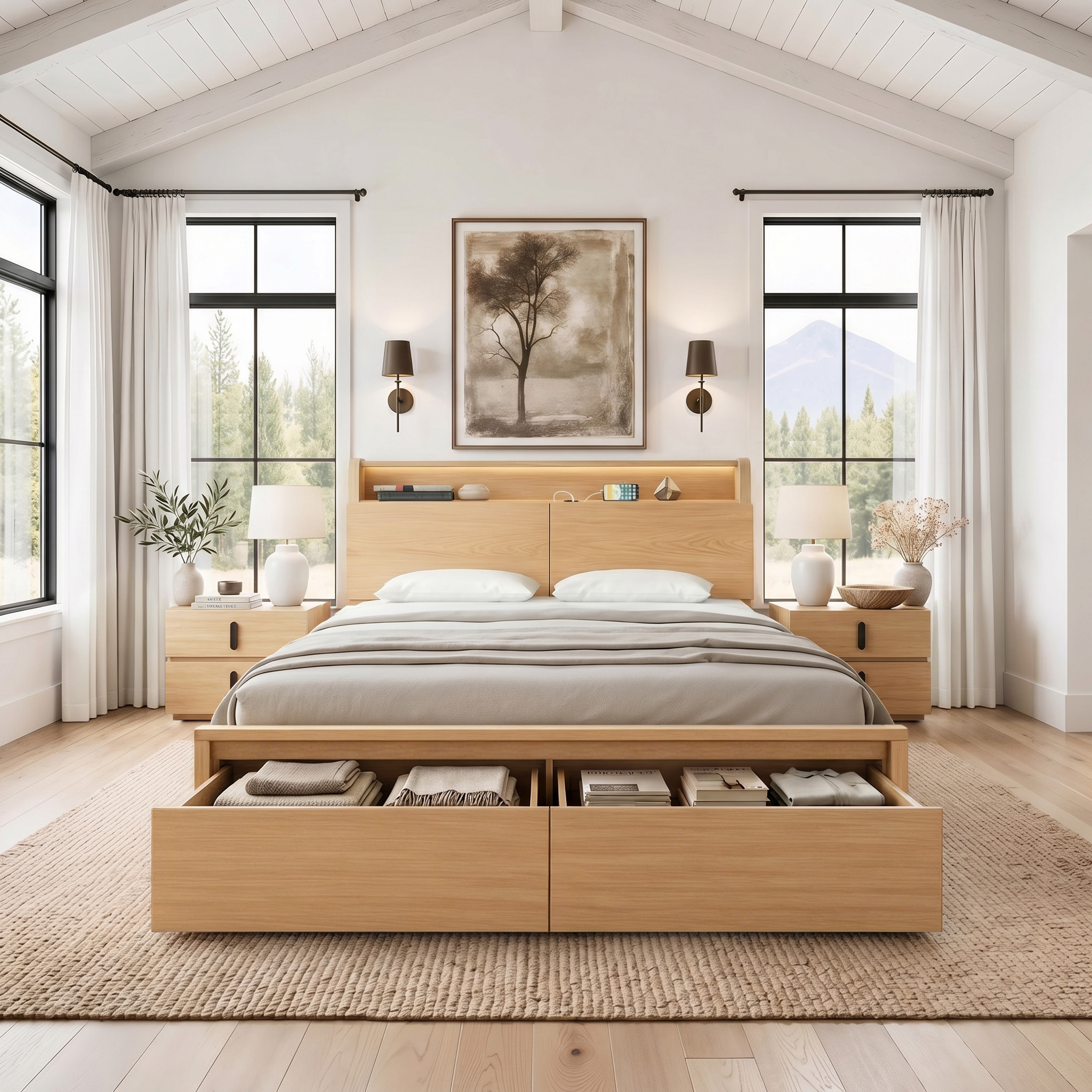 Bello Wooden Multi Functional Gas Lift Bed With Storage-Natural-Queen ...