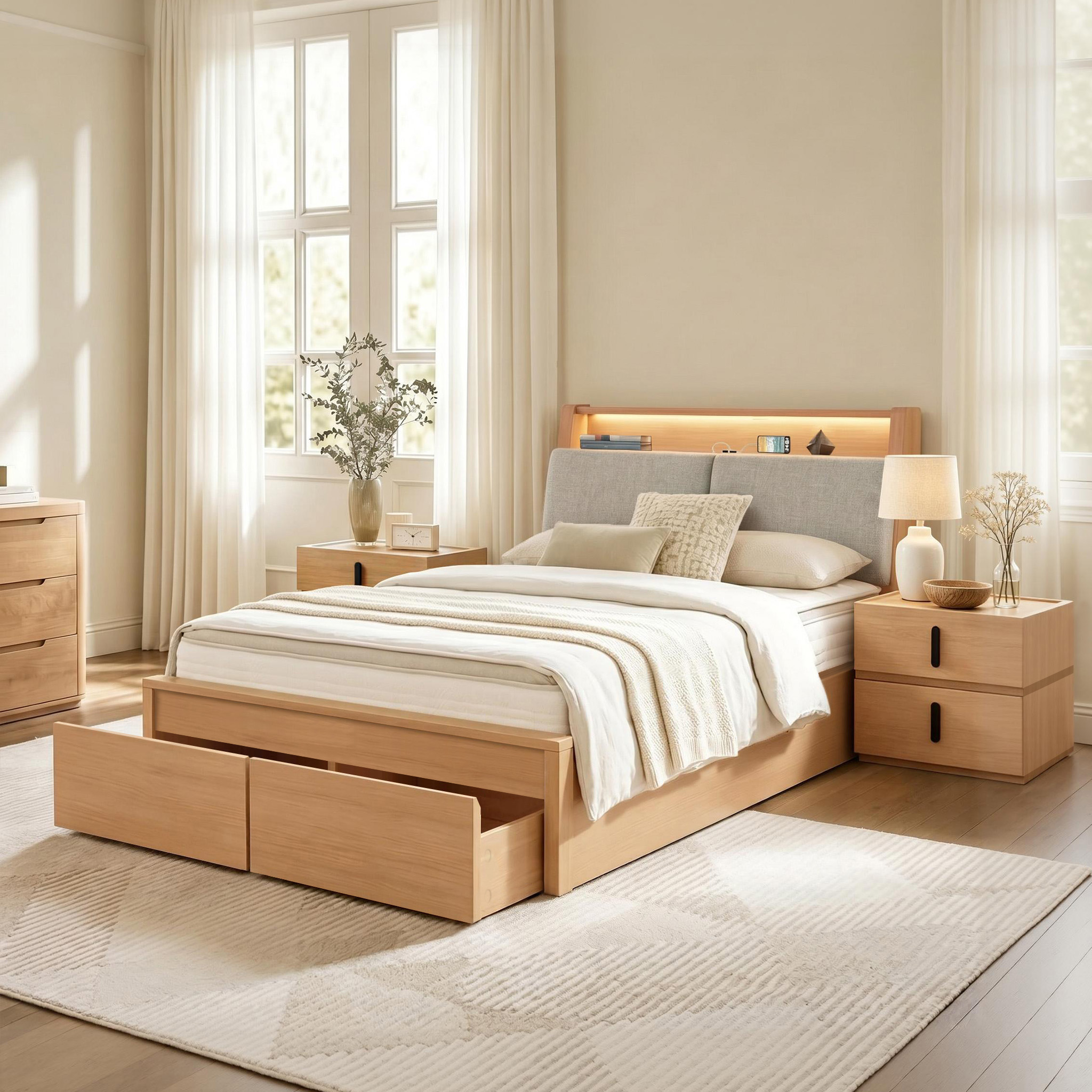 Bello Bed Frame With Gas Lift 2 Drawer Base-Natural/Walnut-King Single ...