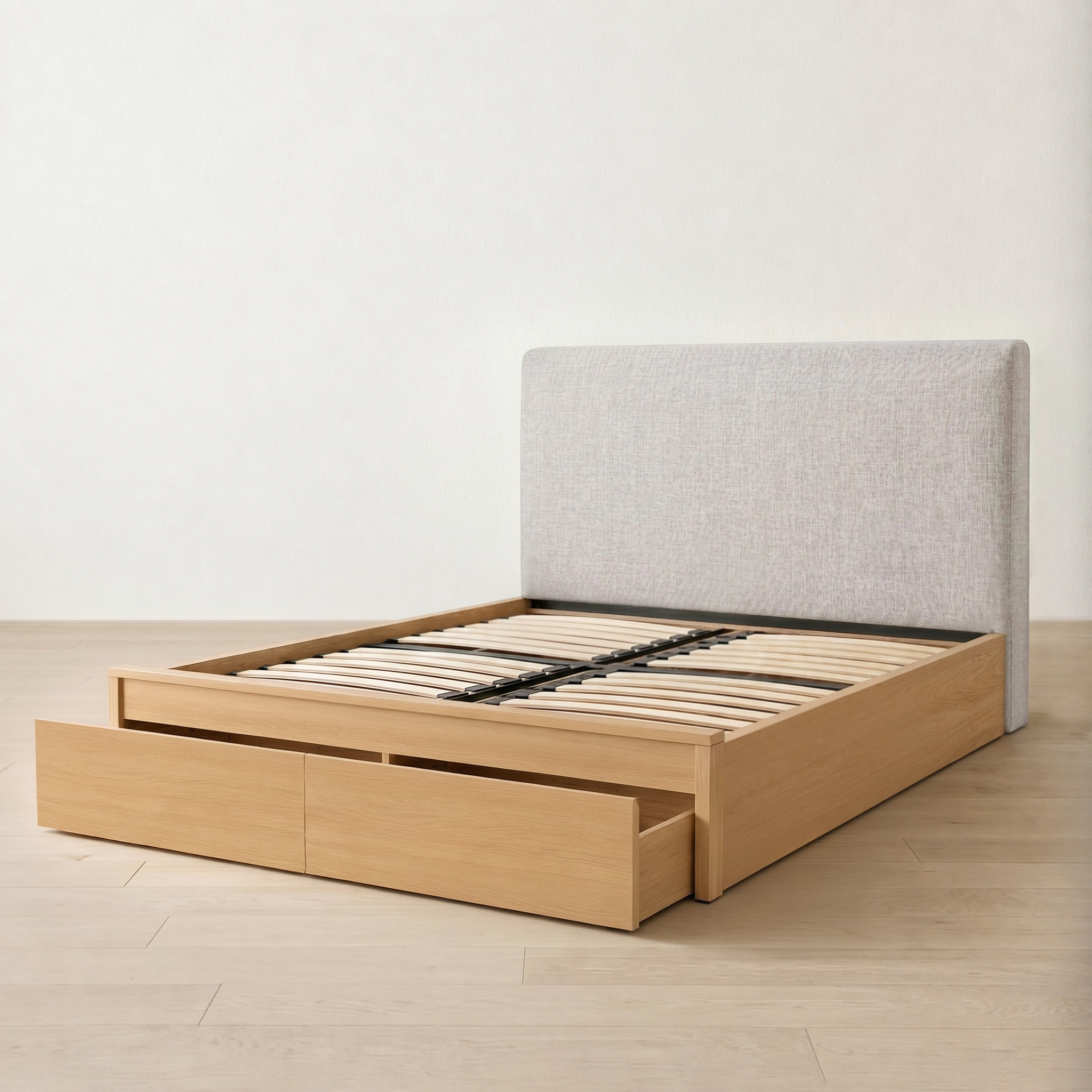 Morton Bed Frame With Gas Lift 2 Drawer Base-Natural/Walnut-Queen/King ...